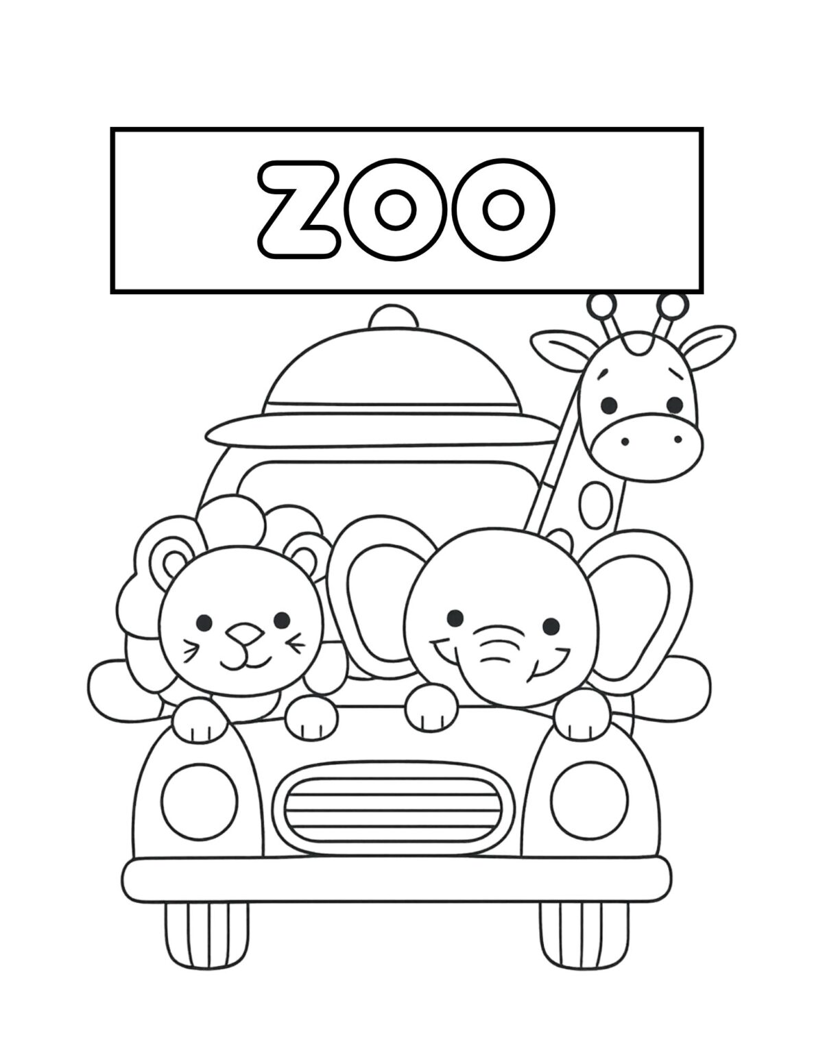 Zoo Animals Coloring Page for Toddlers (Elephant, Lion & Giraffe in a ...