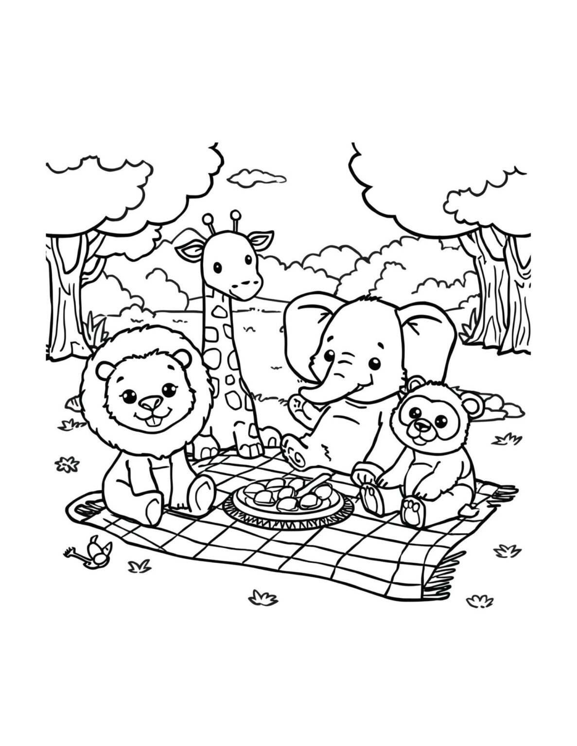 Cute Zoo Animals Picnic Coloring Page (PDF) | Pagevia