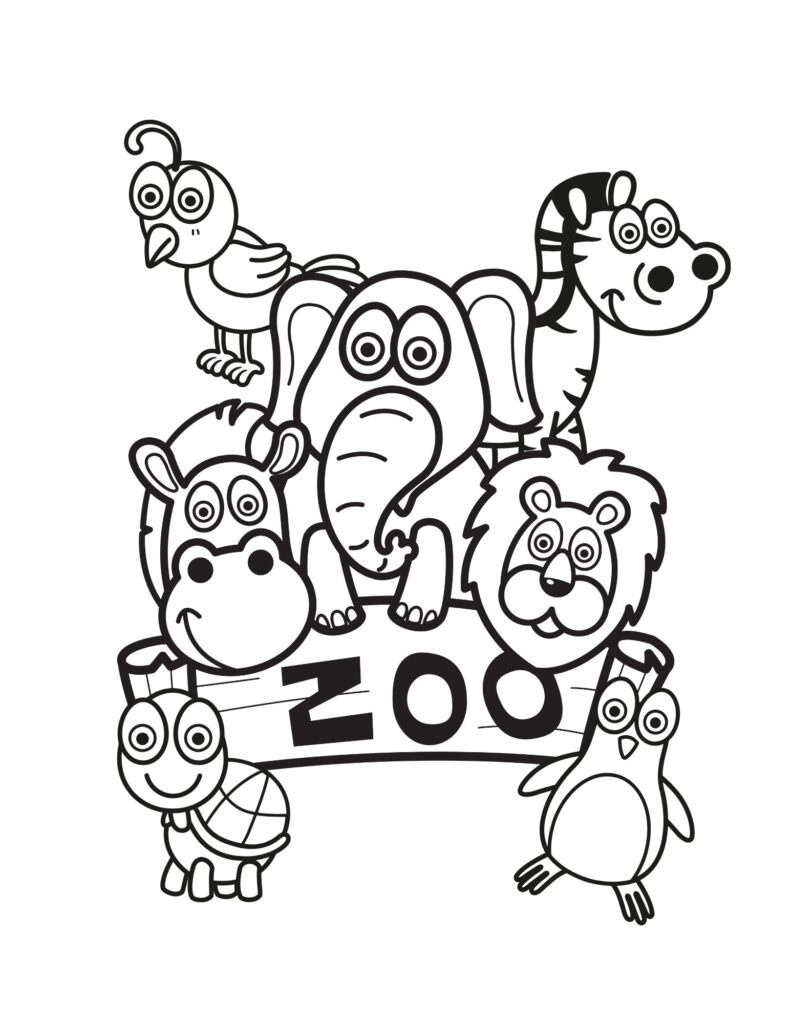 Cute Zoo Animals Coloring Page with ZOO Sign (Printable PDF) - Pagevia